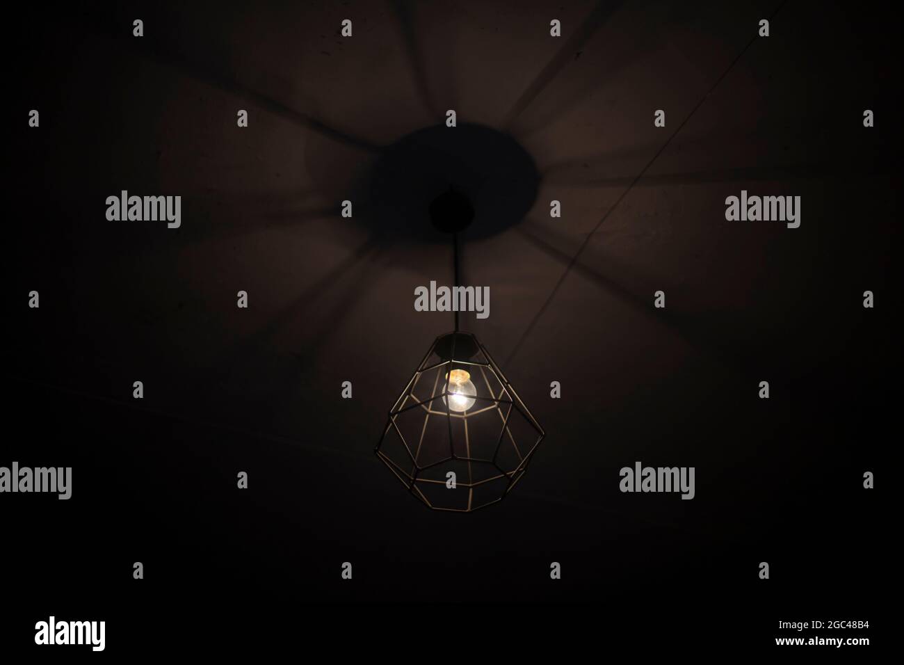 The gloomy light in the room. The lamp under the ceiling on the cord. A ...