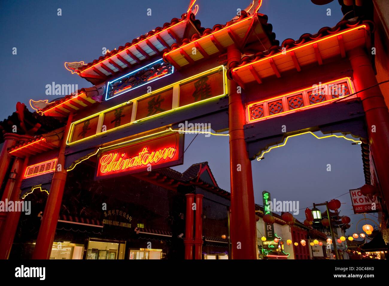 Chinatown gate street w lanterns dusk Stock Photo - Alamy