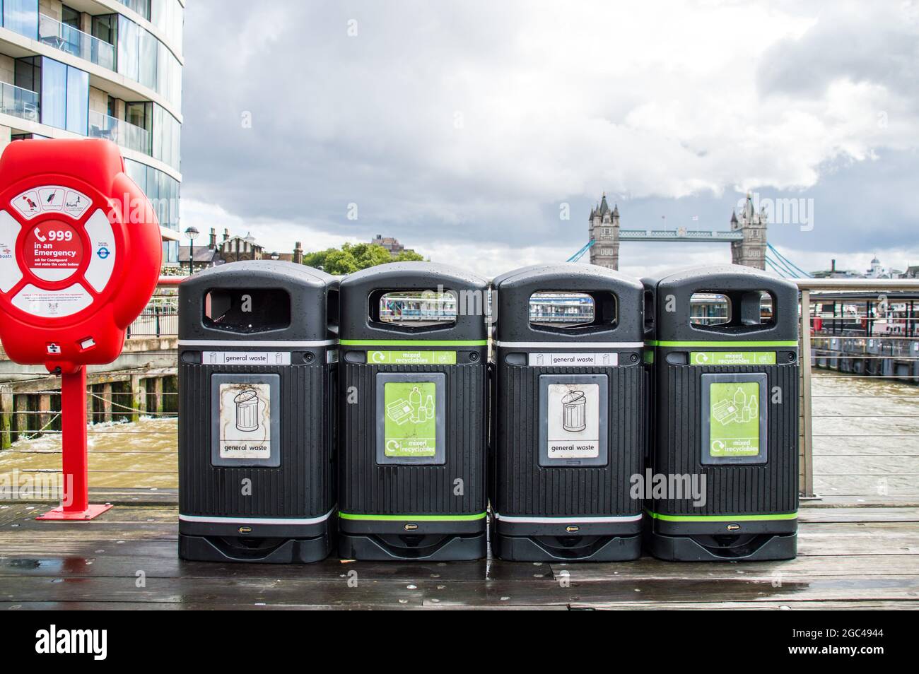 London bin boxes recycling on Thames river walking path Stock Photo - Alamy