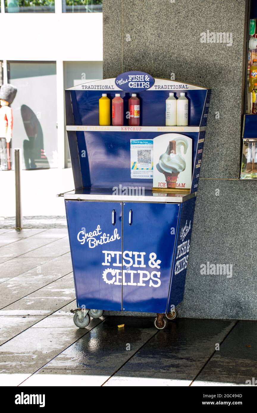Fish and Chips shop stand with sauces and condiments Stock Photo - Alamy