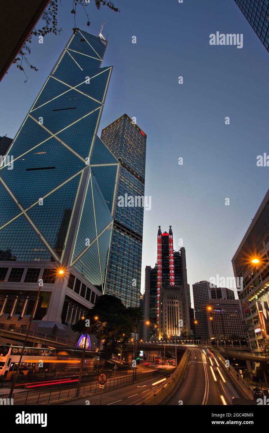 Contemporary architecture of high-rise buildings at dusk at Hong Kong ...