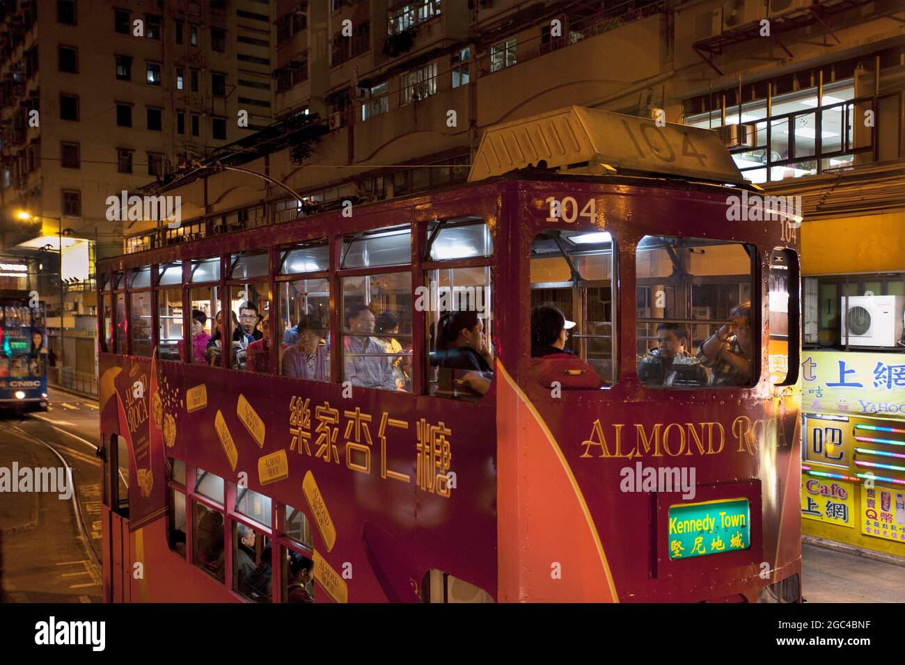 Double-decker tram in the evening on Hong Kong Island, China Stock ...