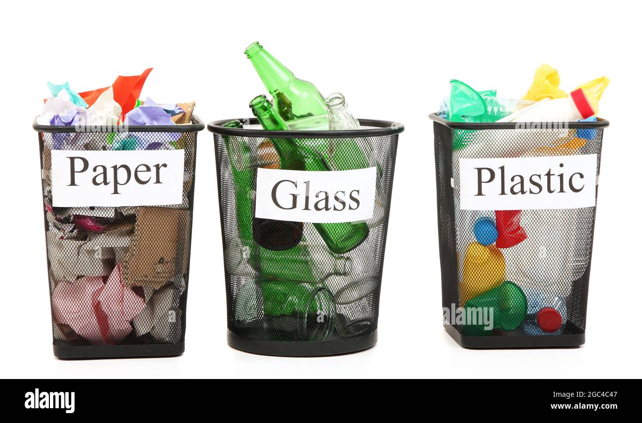 Buckets for waste sorting isolated on white Stock Photo - Alamy
