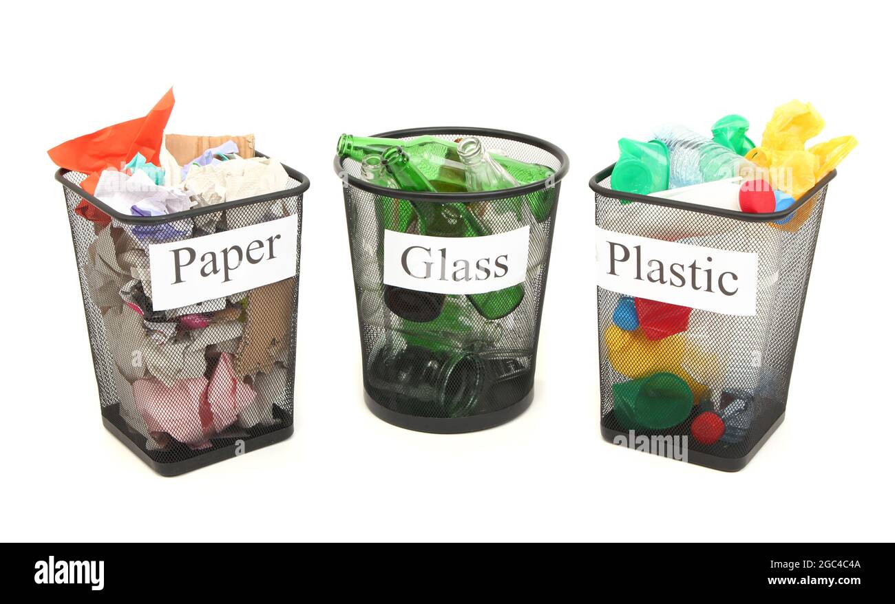 Buckets for waste sorting isolated on white Stock Photo - Alamy