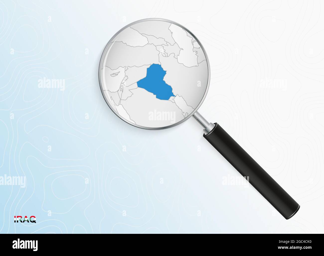 Magnifier with map of Iraq on abstract topographic background. Vector ...