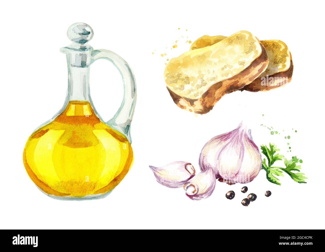 Garlic bread set. Watercolor hand drawn illustration, isolated on white ...