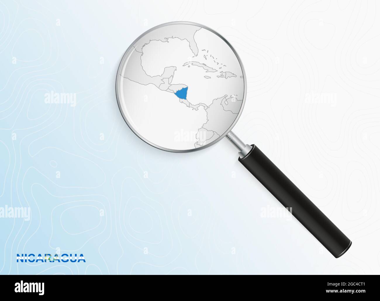 Magnifier with map of Nicaragua on abstract topographic background. Vector map Stock Vector ...