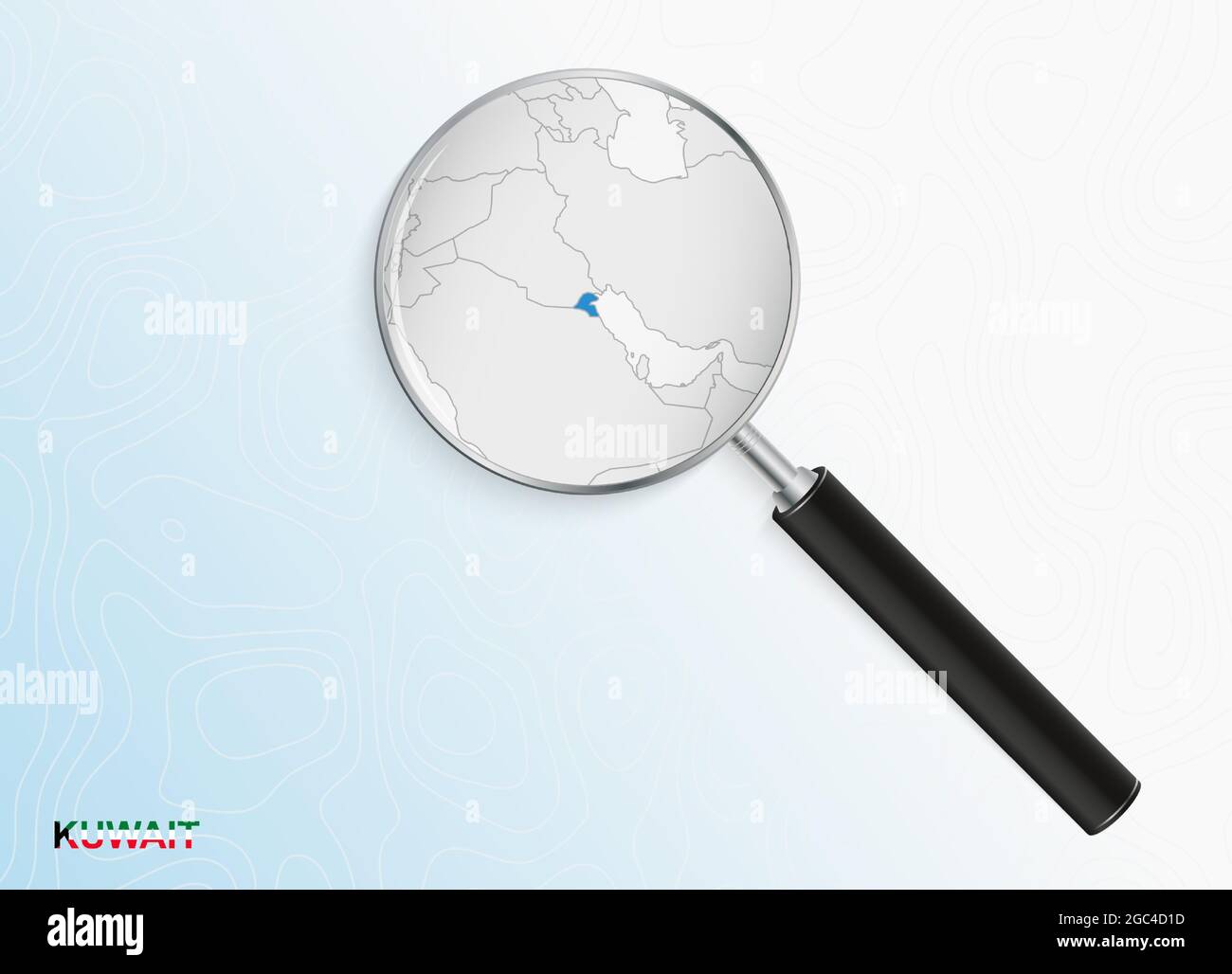 Magnifier with map of Kuwait on abstract topographic background. Vector ...