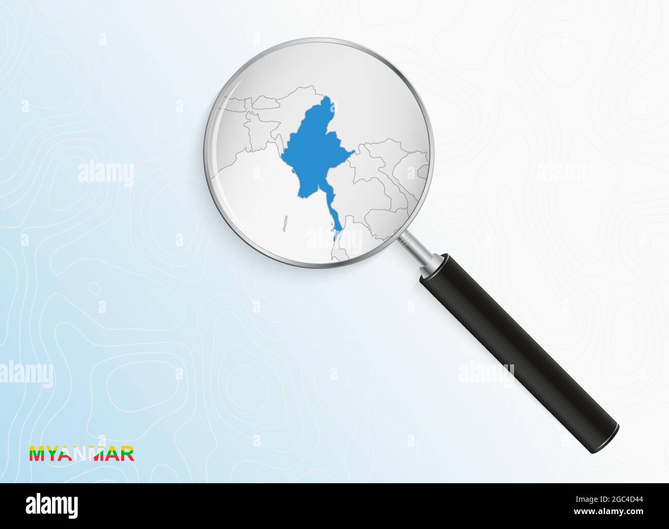 Magnifier with map of Myanmar on abstract topographic background ...