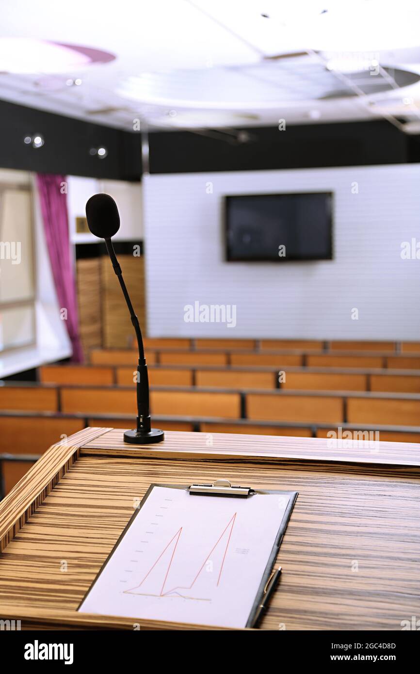 Interior of empty conference room with tribune Stock Photo - Alamy