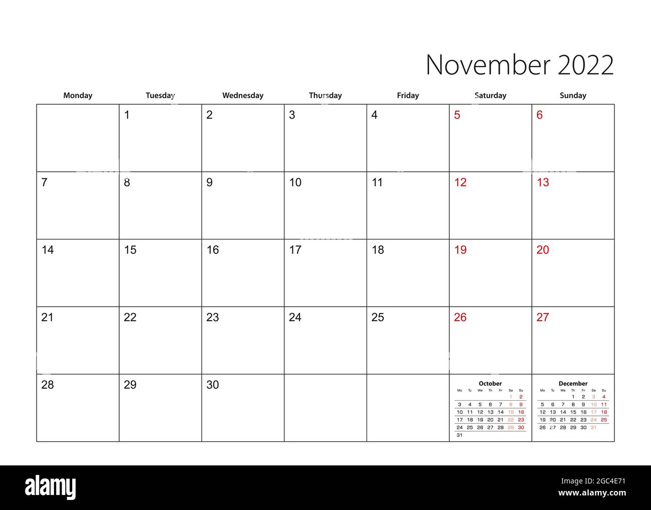 November 2022 simple calendar planner, week starts from Monday. Vector ...