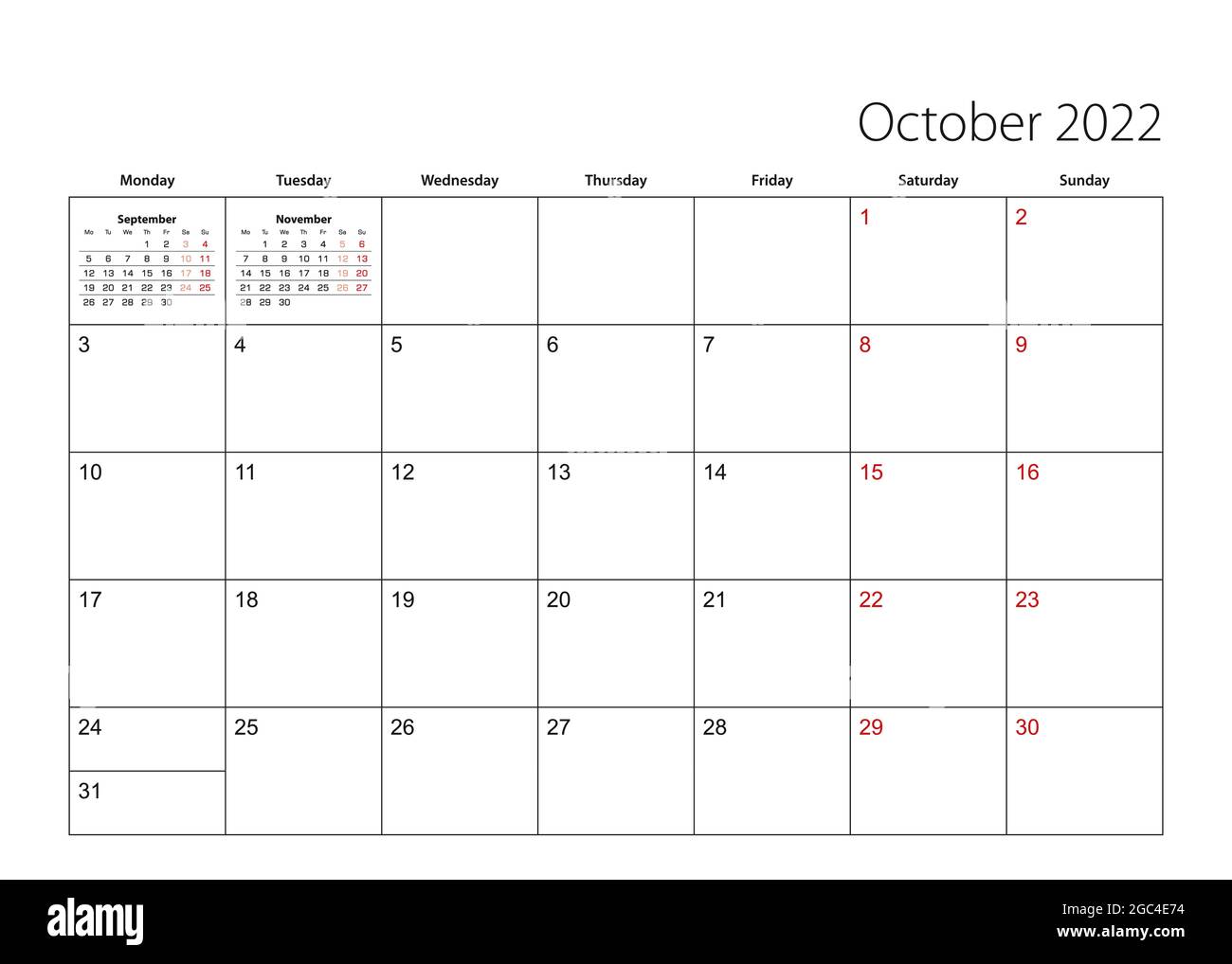 October 2022 simple calendar planner, week starts from Monday. Vector ...