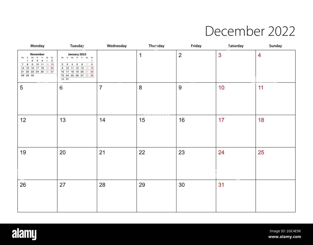 December 2022 simple calendar planner, week starts from Monday. Vector ...