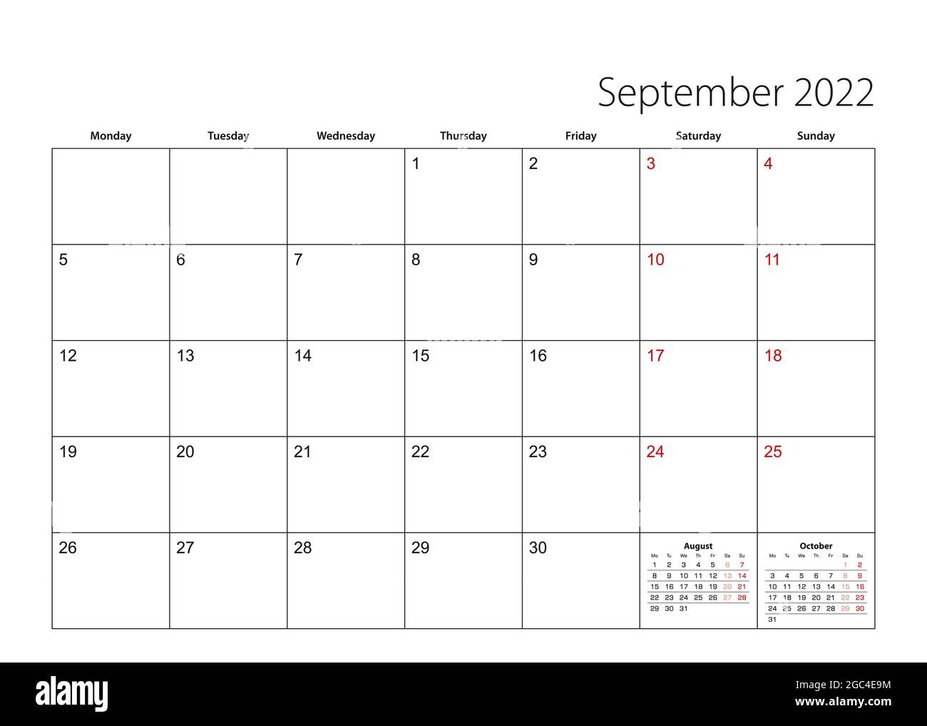 September 2022 simple calendar planner, week starts from Monday. Vector ...