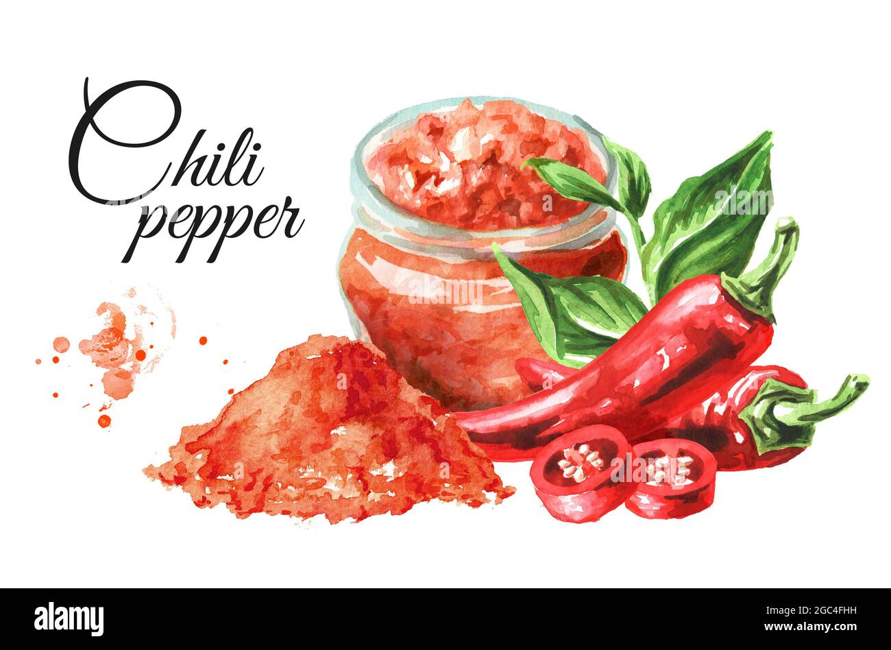 Red hot chili pepper card with powder, sauce and pods with green leaf ...