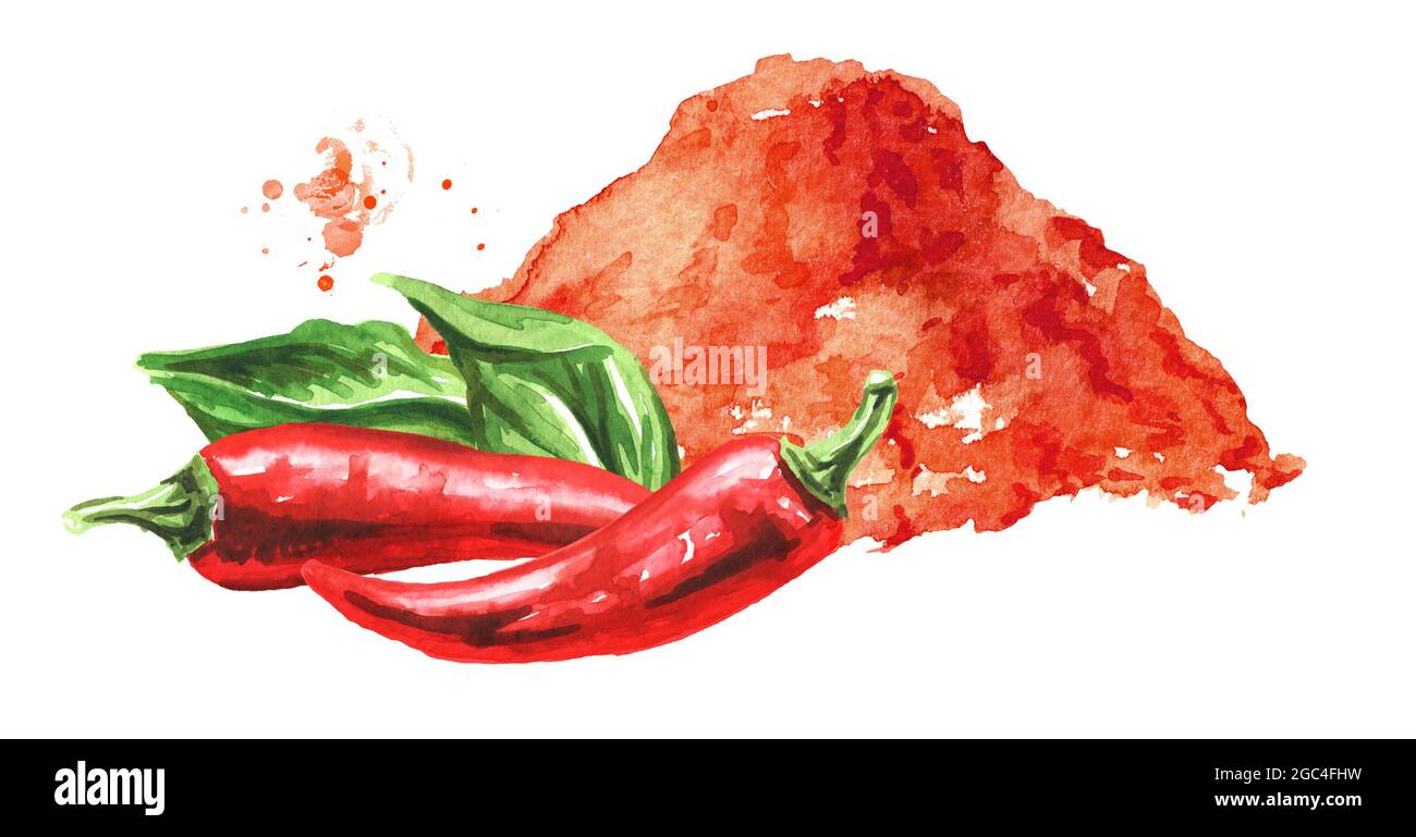 Red hot chili pepper powder with pods. Hand drawn watercolor ...