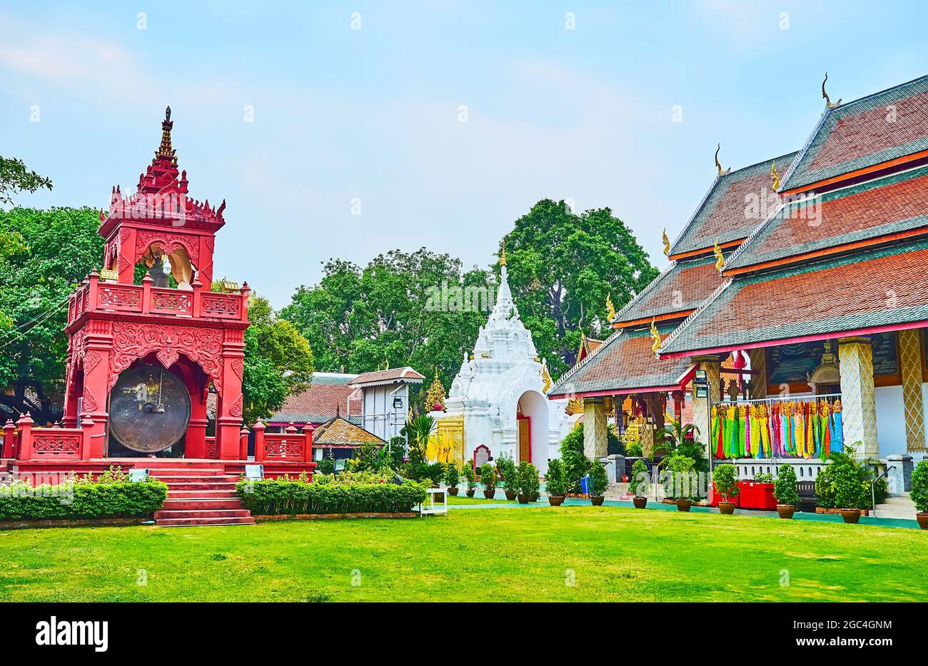The gong in the scenic building of Ho Rakang bell tower, decorated with ...