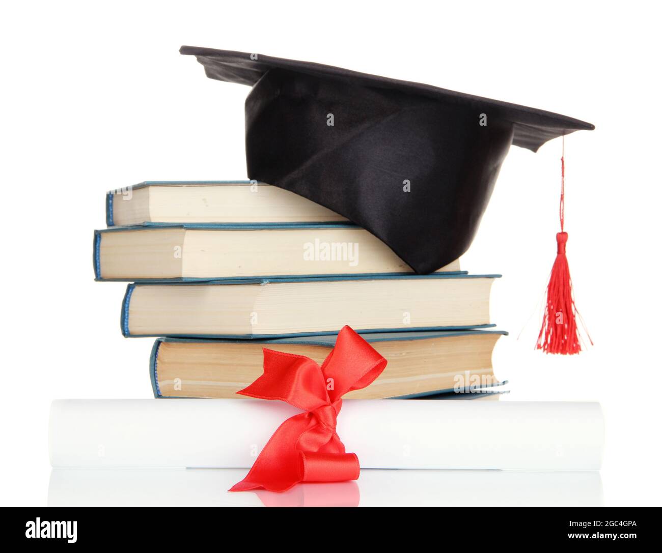 Grad hat with diploma and books isolated on white Stock Photo - Alamy