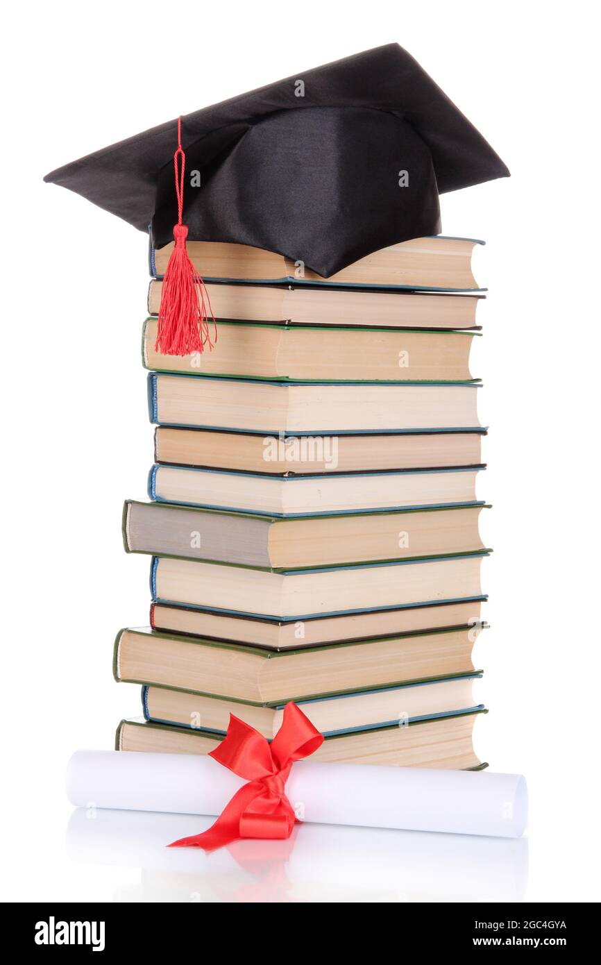 Grad hat with diploma and books isolated on white Stock Photo - Alamy