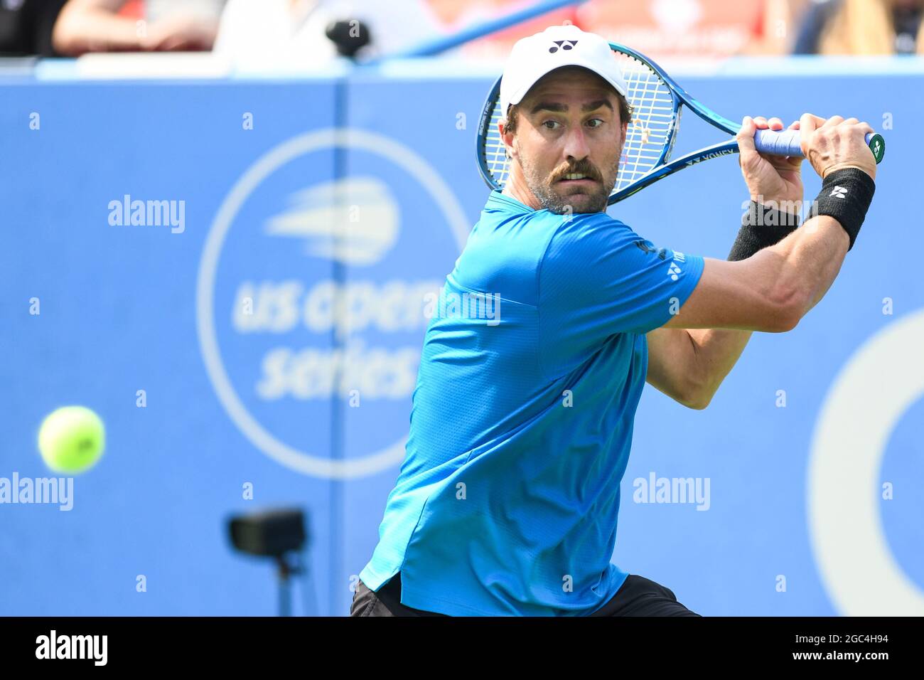 Washington, DC, USA. 6th Aug, 2021. STEVE JOHNSON hits a backhand ...