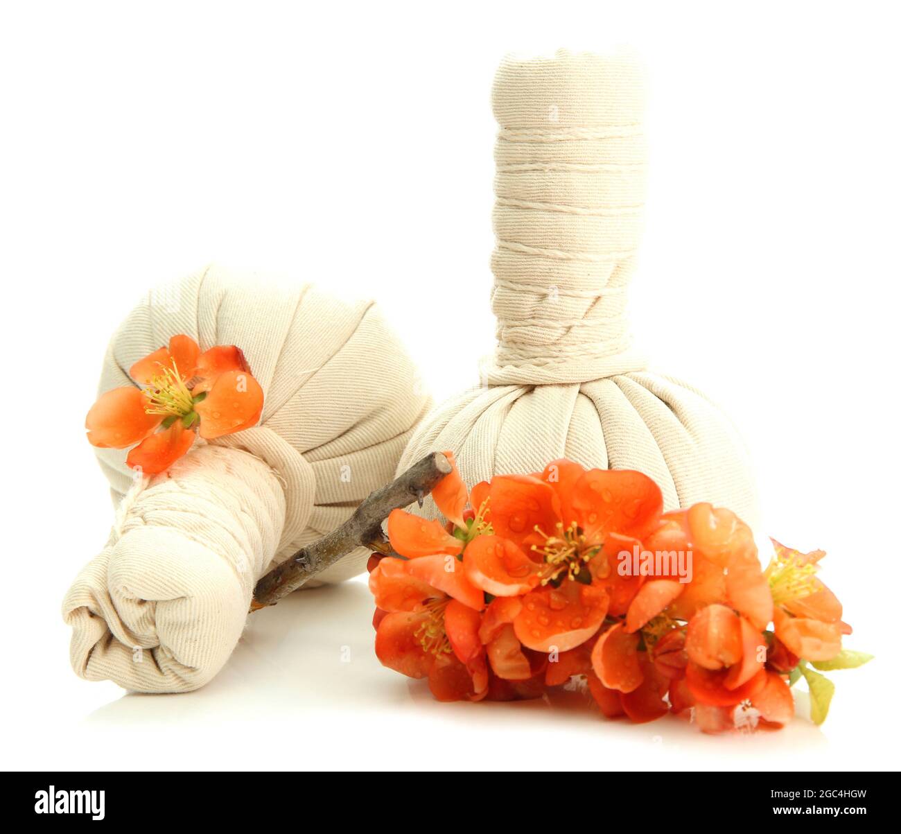 Herbal compress balls for spa treatment and flowers isolated on white ...