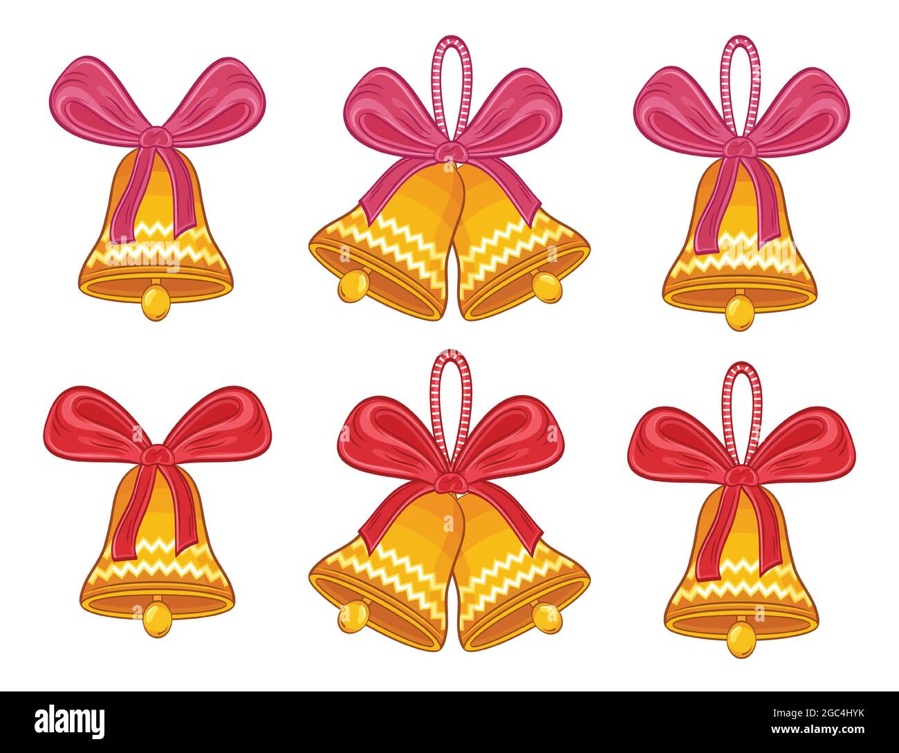 Golden jingle Christmas bell with red bow ribbon icon set. Holiday ...