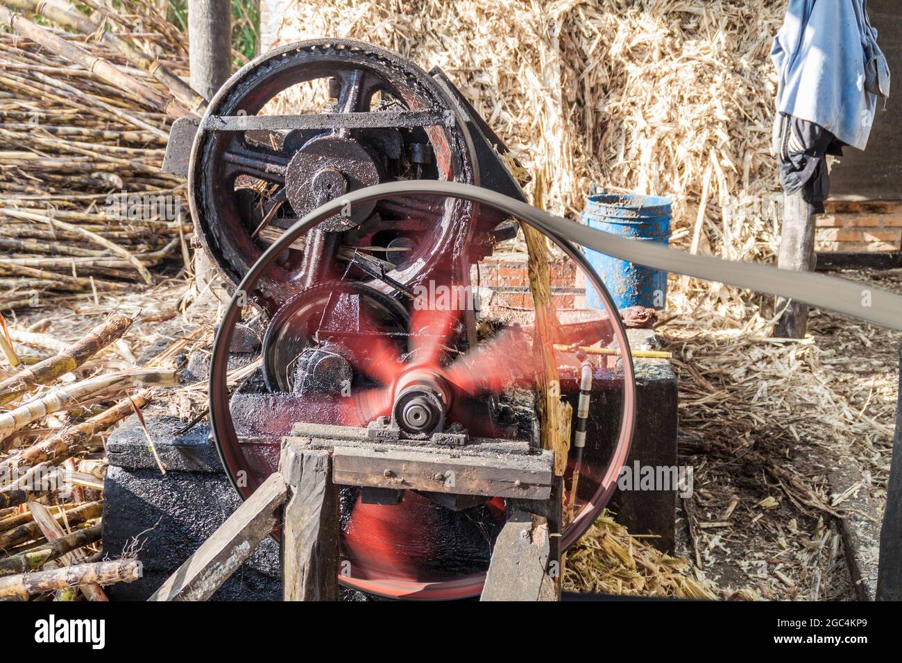 Small sugar cane mill producing panela (unrefined whole cane sugar), in ...