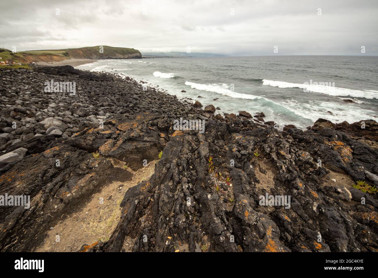 Sao Miguel island, north coast beach, Santa Barbara, waves and volcanic ...