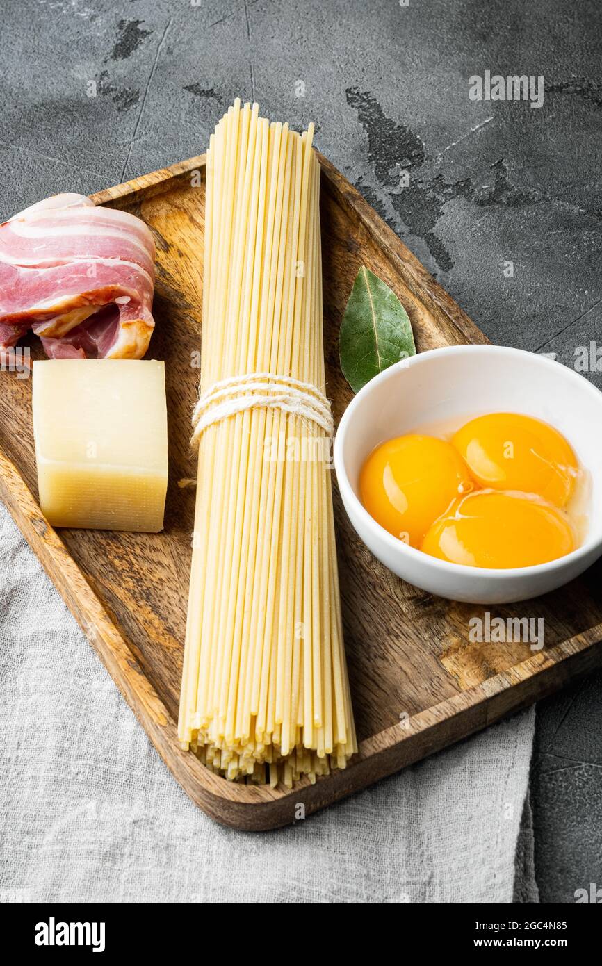 Fresh raw ingredients for traditional italian pasta Carbonara set, on ...