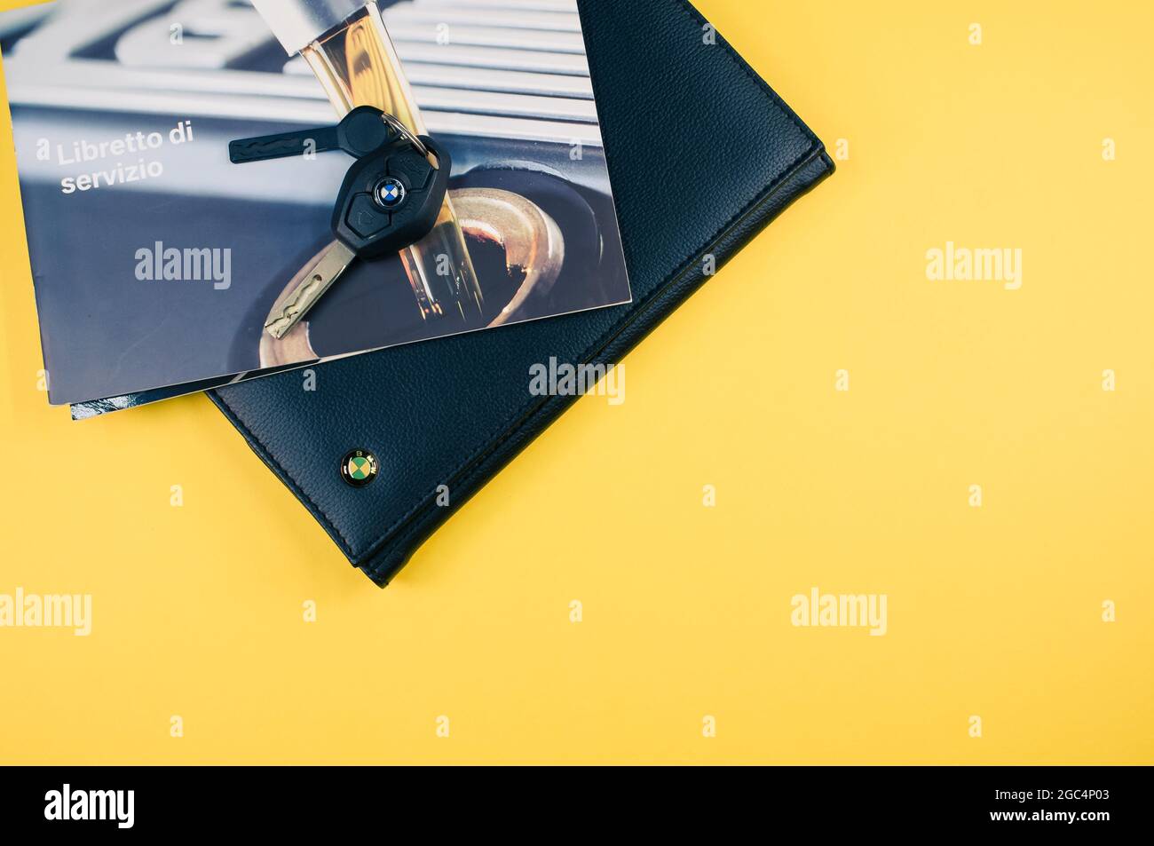 COMO, ITALY - Jul 30, 2021: A close up of BMW car service book with car ...