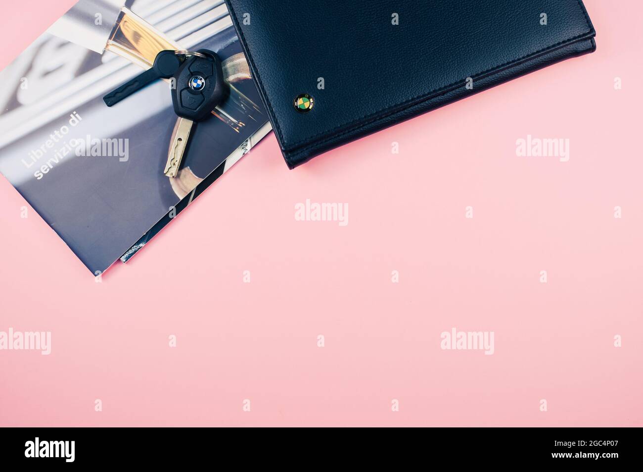 COMO, ITALY - Jul 30, 2021: A close up of BMW car service book with car ...