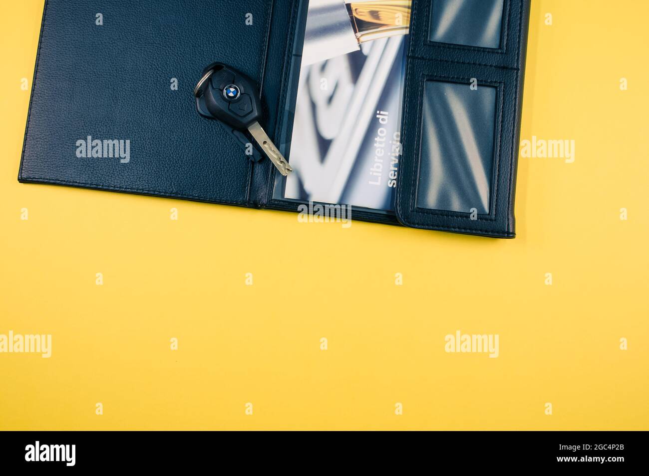 COMO, ITALY - Jul 30, 2021: A close up of BMW car service book with car ...