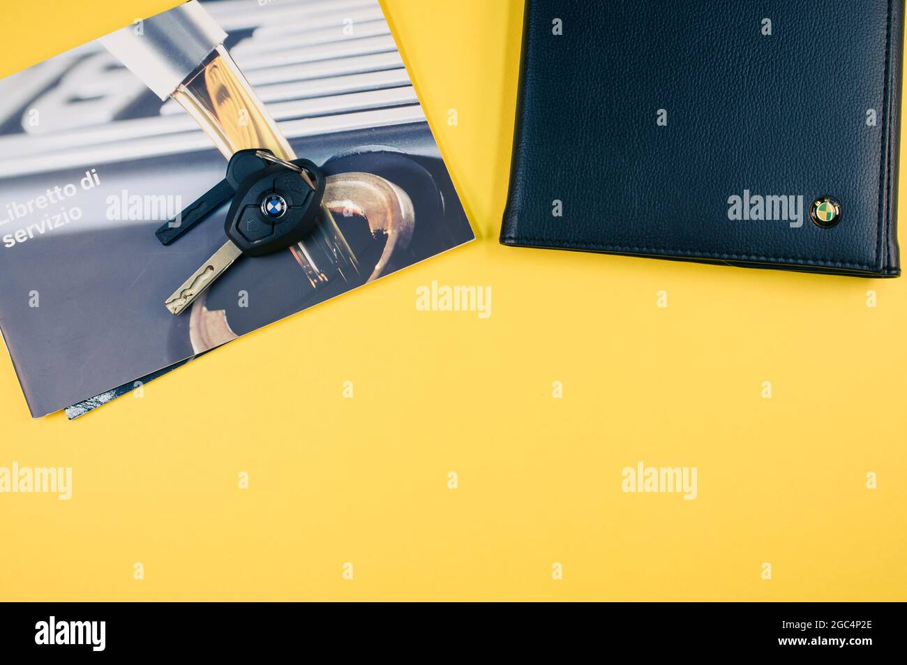 COMO, ITALY - Jul 30, 2021: A close up of BMW car service book with car ...