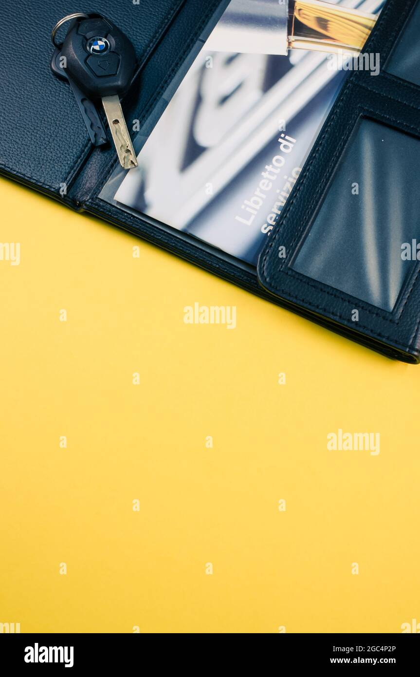 COMO, ITALY - Jul 30, 2021: A close up of BMW car service book with car ...