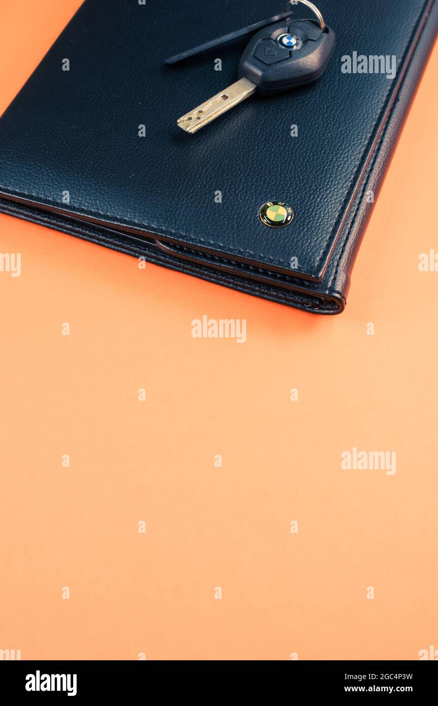 COMO, ITALY - Jul 30, 2021: A close up of BMW car service book with car ...