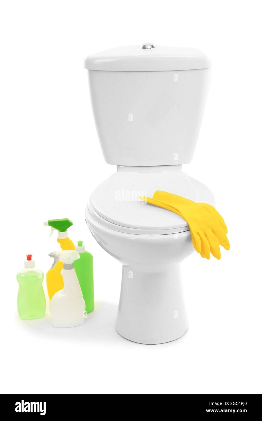 Toilet bowl and cleaning supplies, isolated on white Stock Photo - Alamy