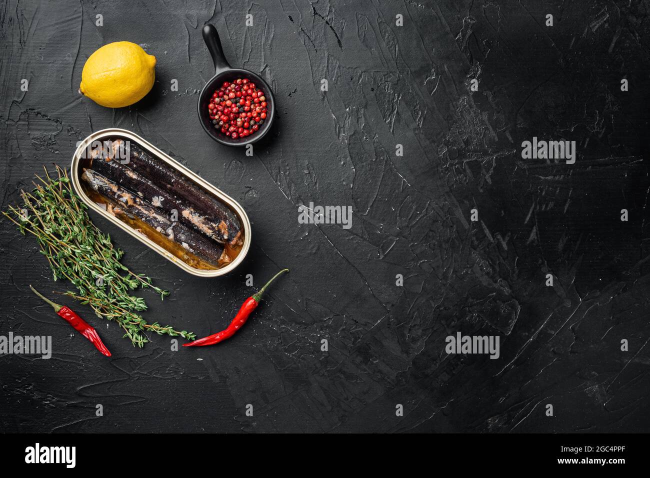 Open canned fish set, top view flat lay, with copy space for text Stock ...