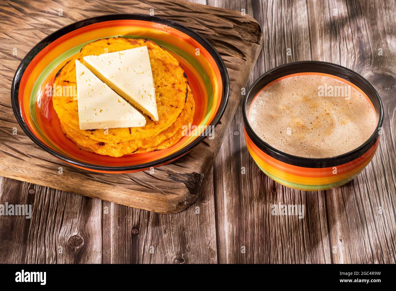 Colombian breakfast with arepa chocolo - Traditional food Stock Photo ...