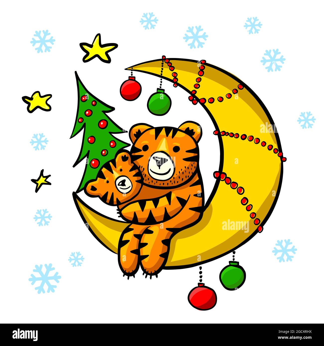 A cheerful tiger family. Christmas card. Tiger with a Christmas tree ...