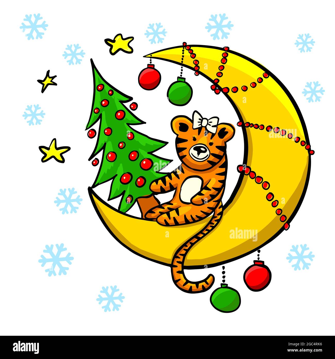 A cheerful tiger family. Christmas card. Tiger with a Christmas tree ...