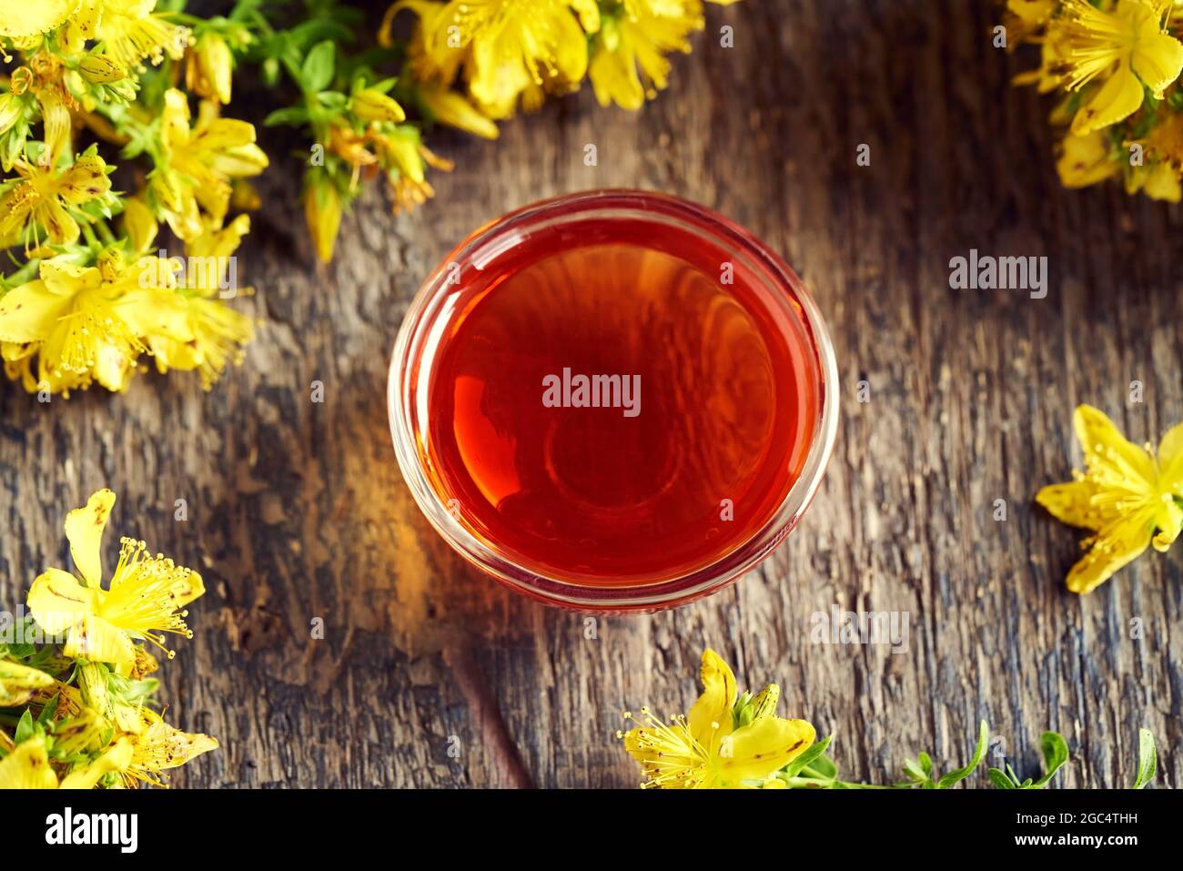 A bowl of red oil made from St. John's wort flower with fresh Hypericum ...