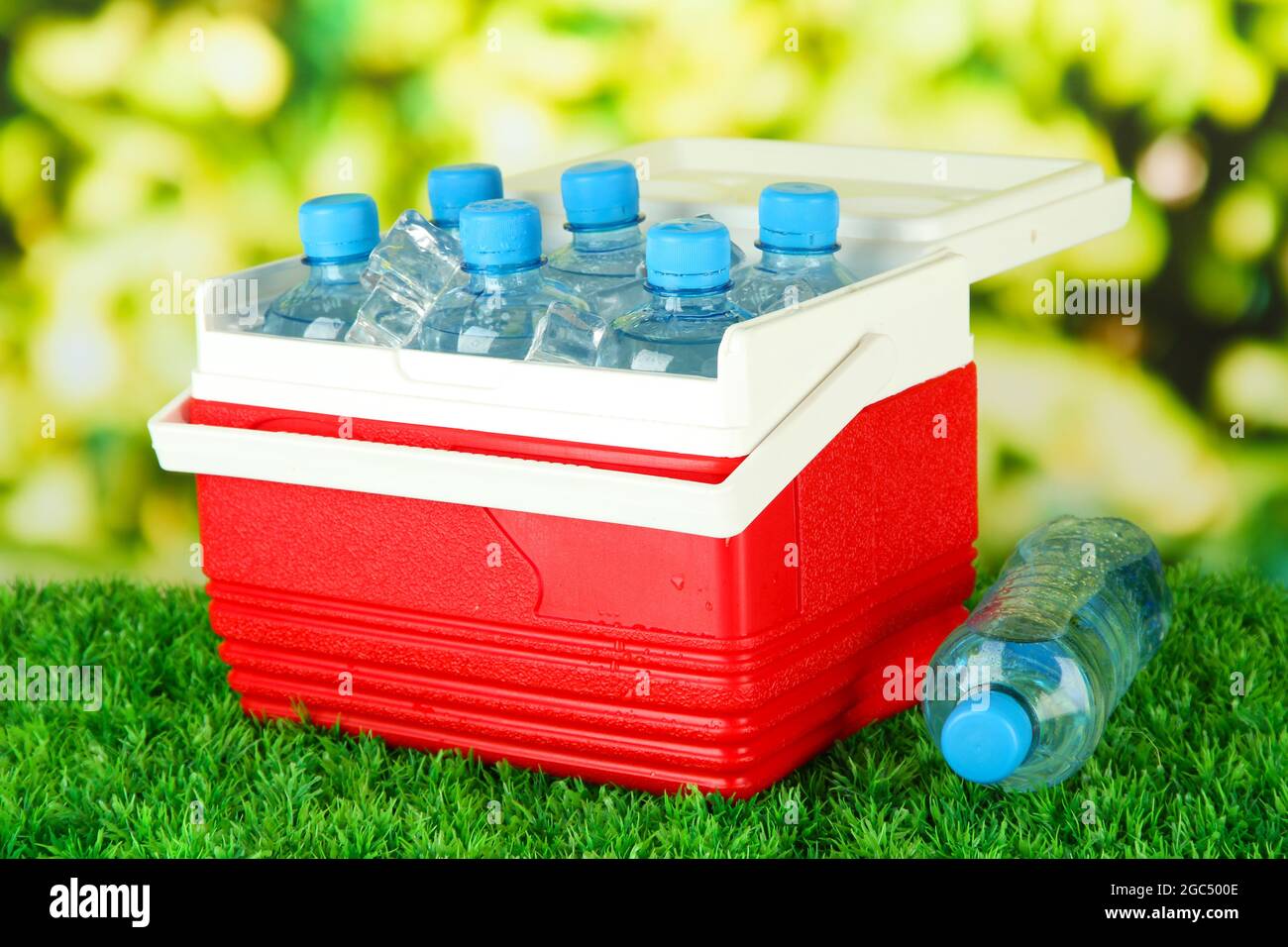 Picnic refrigerator with bottles of water and ice cubes on grass Stock ...