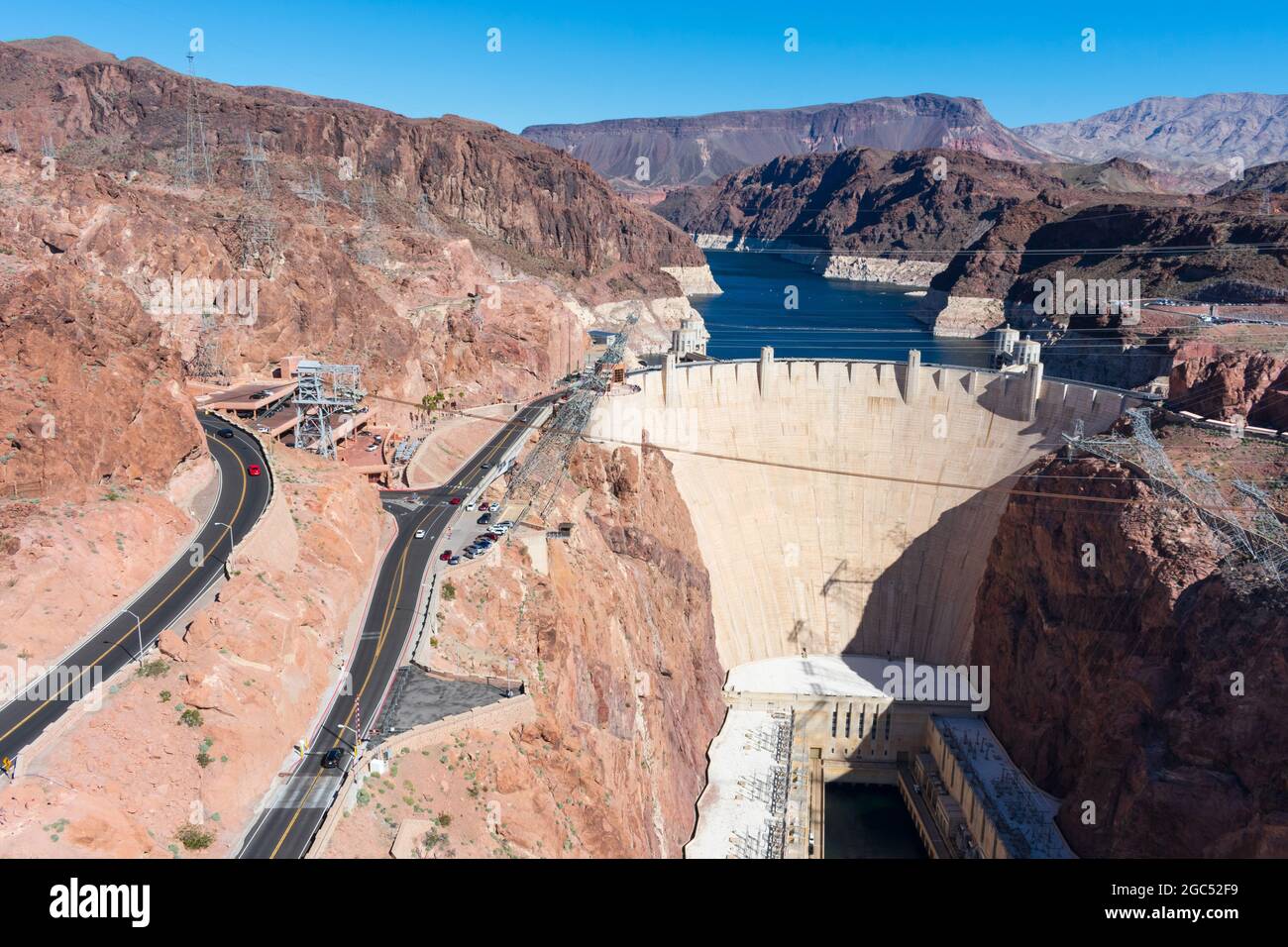 Aerial view of Hoover Dam and low water level Lake Mead on Colorado River Stock Photo - Alamy