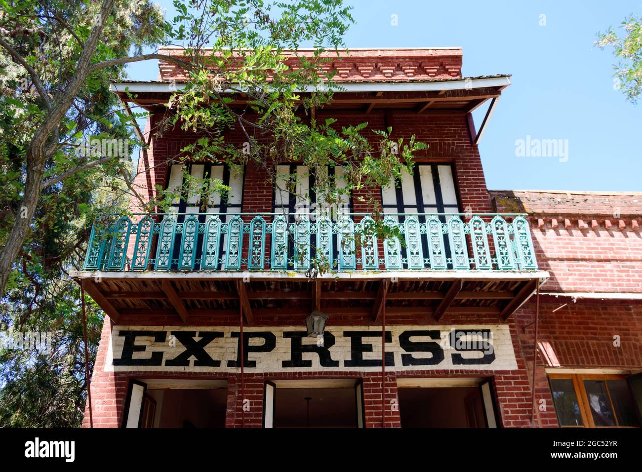 Facade and exterior of preserved historic Pony Express building in open ...