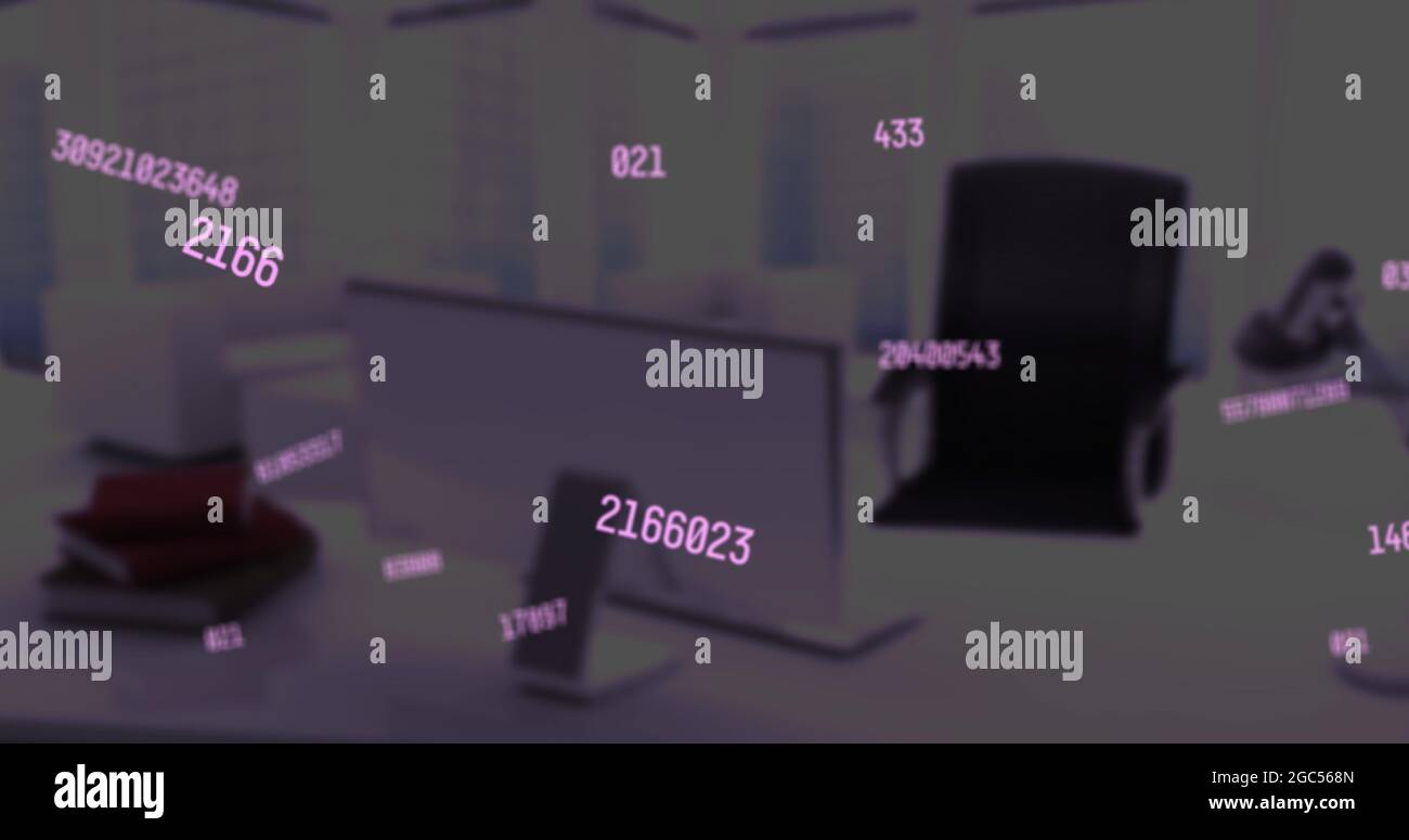 Digital composition of changing numbers floating over empty office in background Stock Photo - Alamy