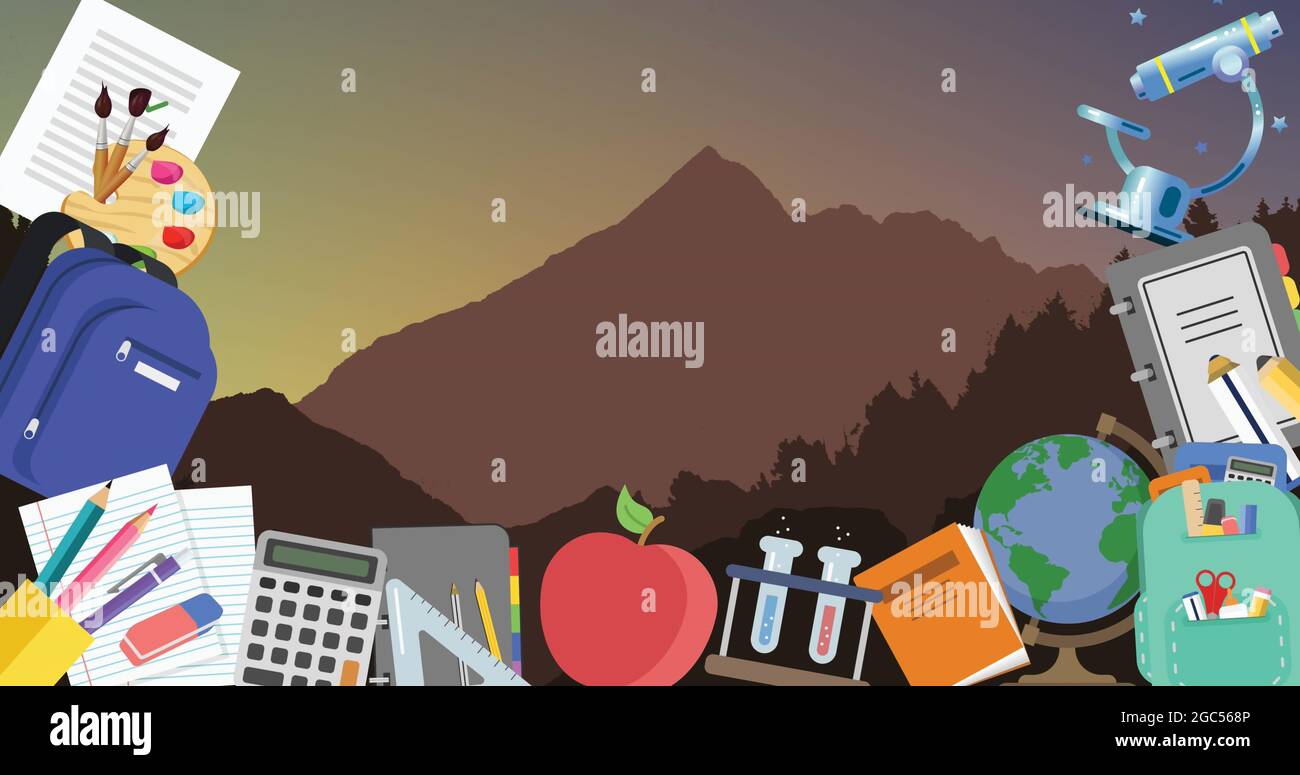 School concept icons against landscape with mountains Stock Photo - Alamy