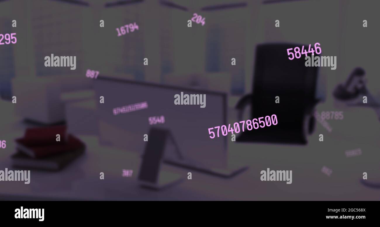 Digital composition of changing numbers floating over empty office in background Stock Photo - Alamy