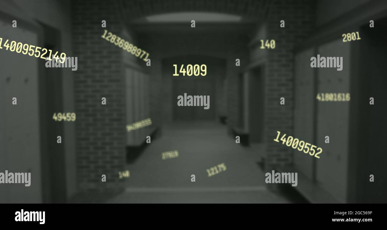 Digital composition of yellow changing numbers floating against empty ...