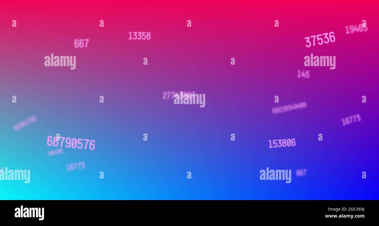 Digital image of changing numbers floating against pink and blue ...