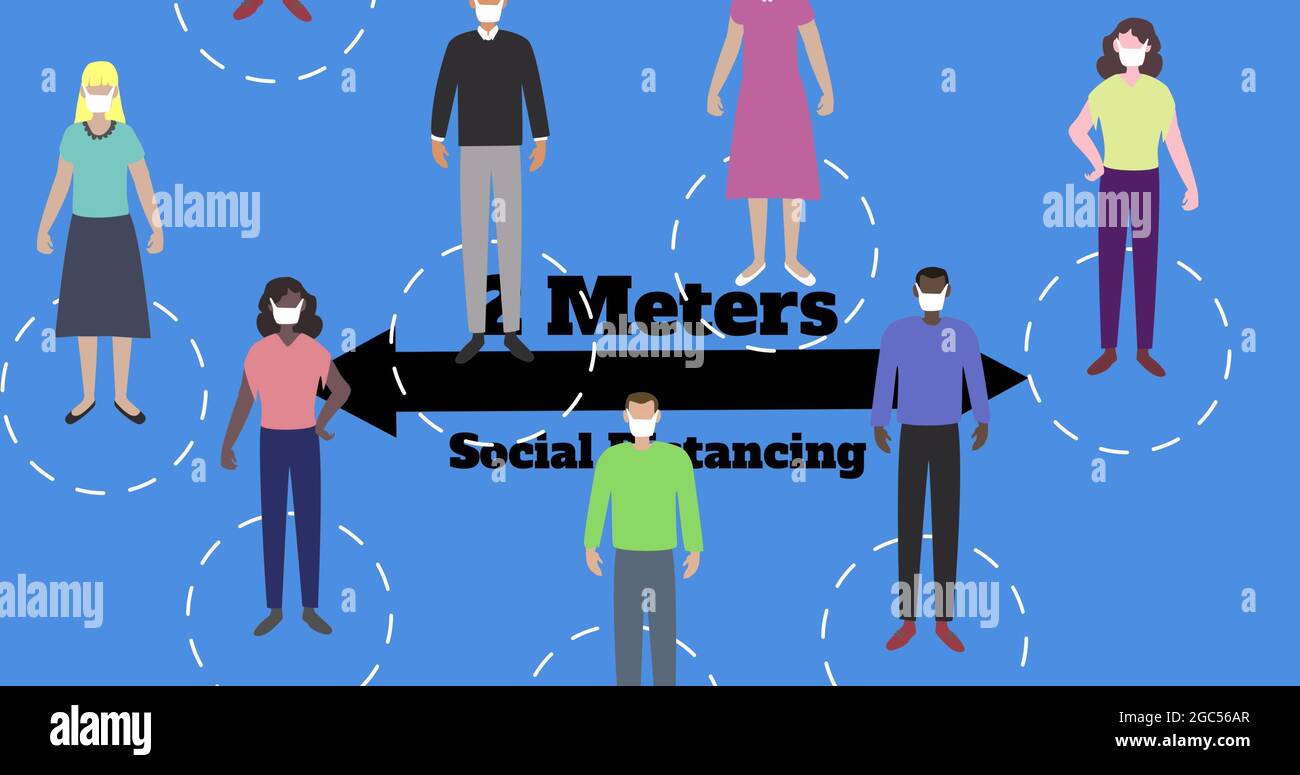 Multiple people wearing face masks maintain social distancing against ...